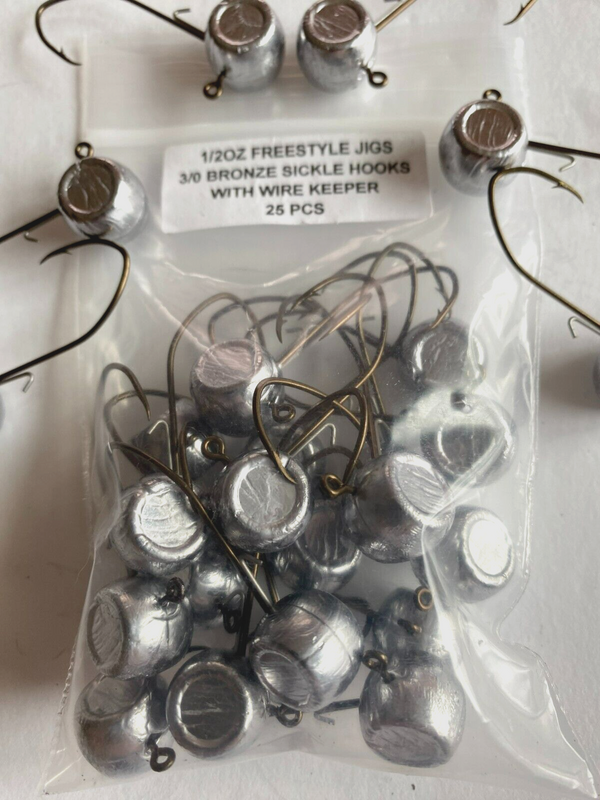 1/2 oz w/ keeper freestyle jig heads with a 3/0 bronze sickle hooks 25 ...
